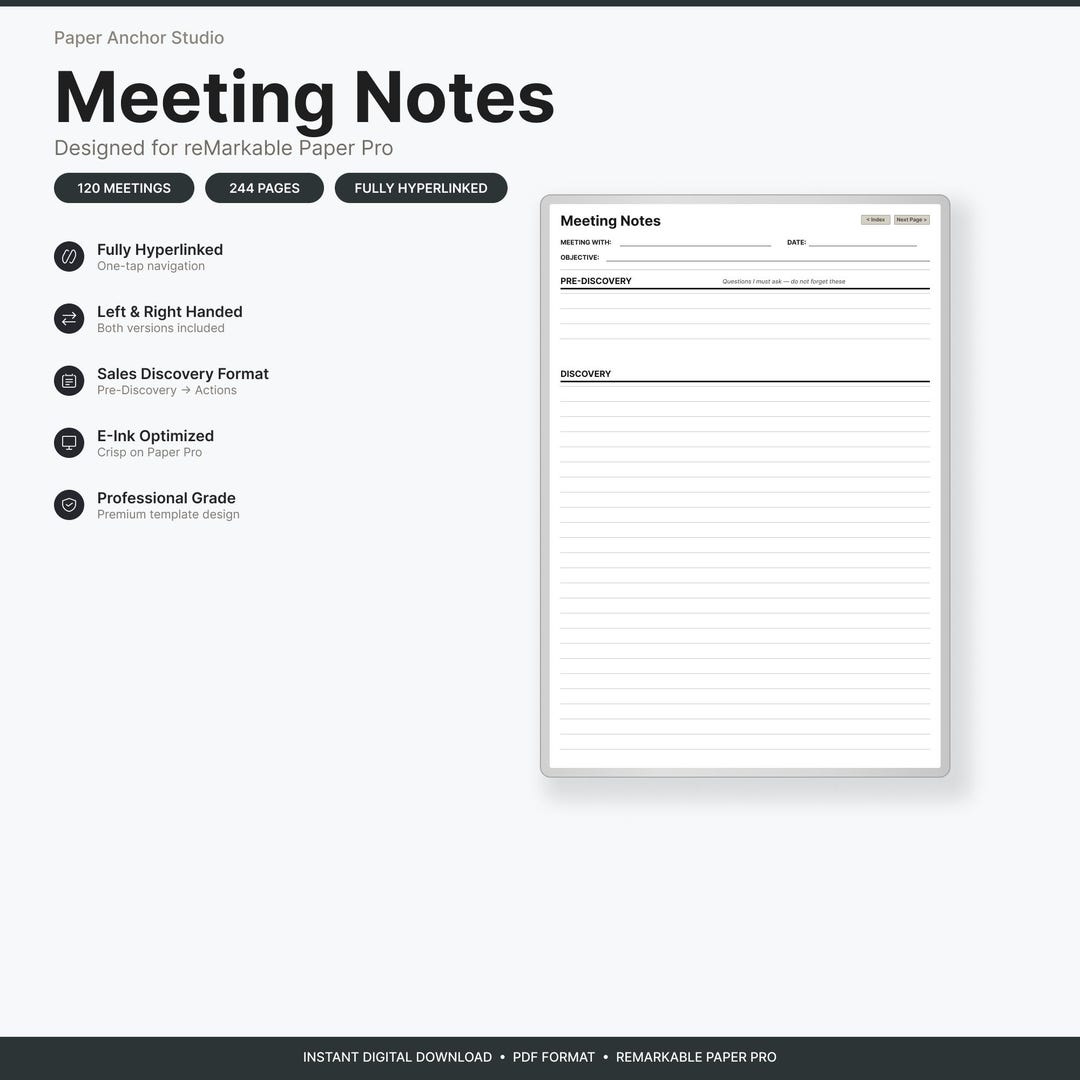 Hyperlinked Meeting Notes Template for Remarkable Paper Pro (digital ...