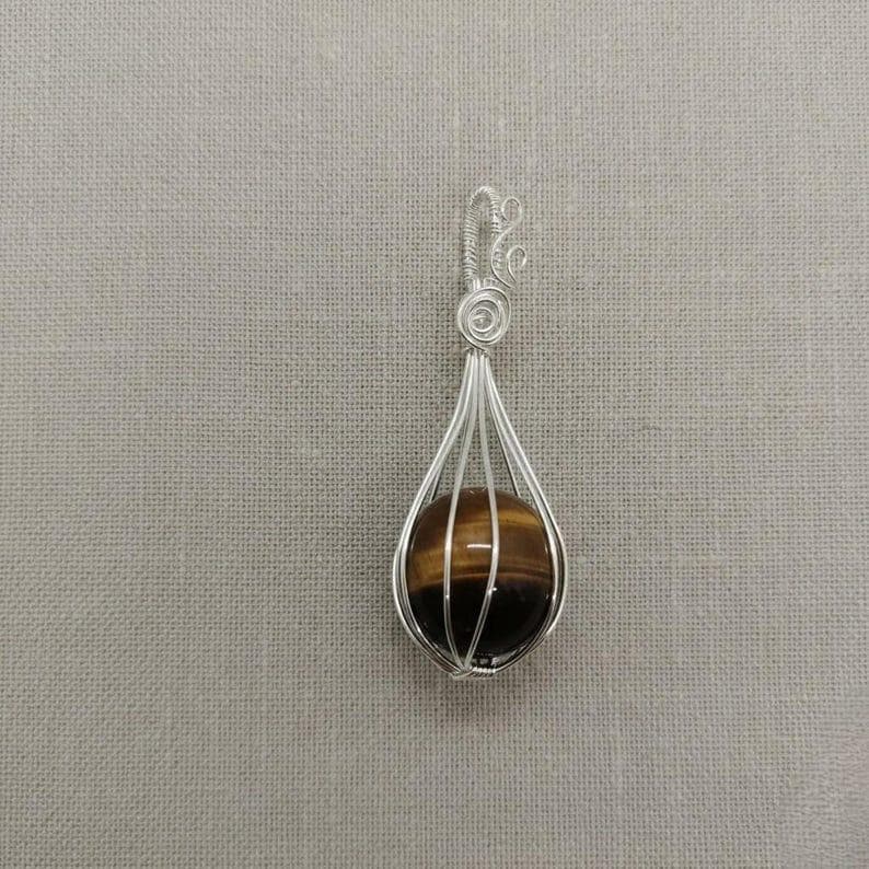 Buy Tiger Eye Ball Pendant Necklace, Certified Wire Wrapped Brown ...
