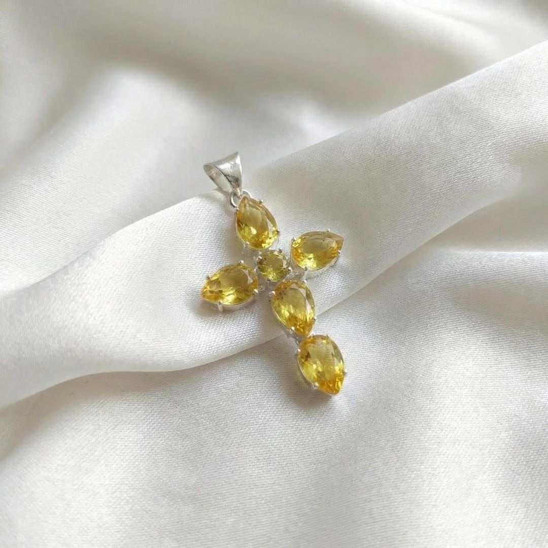 Buy Yellow Citrine Cross Necklace Sterling Silver 45-50 Ct , Religious ...