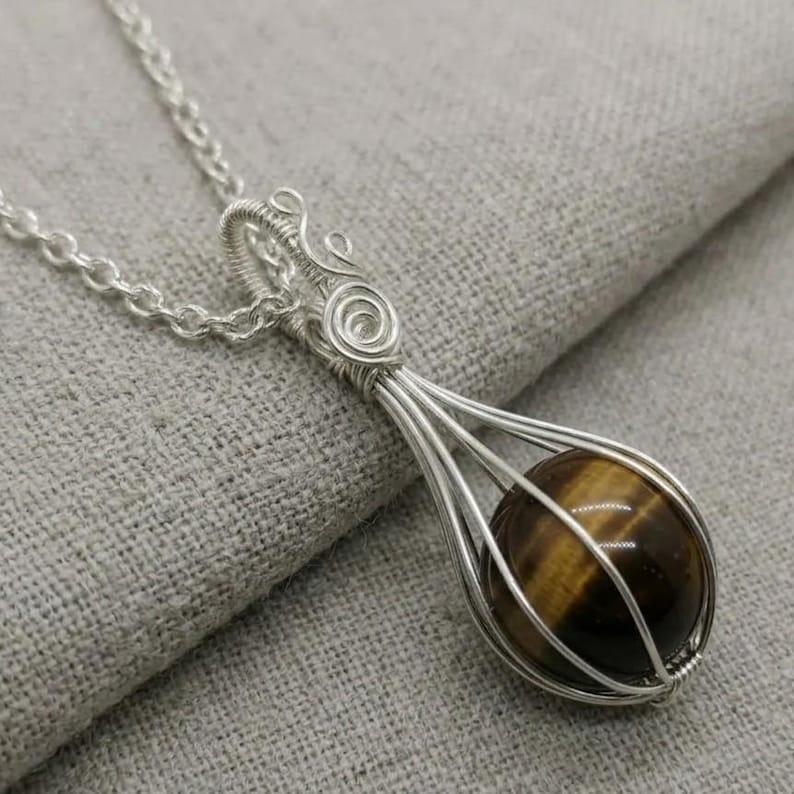 Buy Tiger Eye Ball Pendant Necklace, Certified Wire Wrapped Brown ...