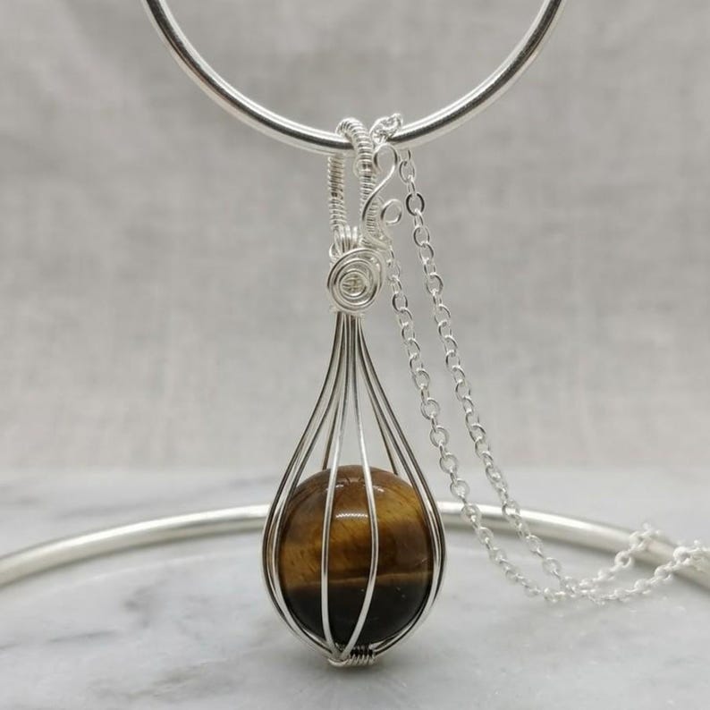 Buy Tiger Eye Ball Pendant Necklace, Certified Wire Wrapped Brown ...