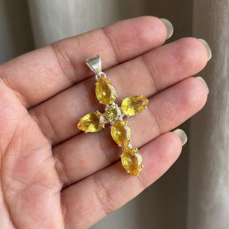 Buy Yellow Citrine Cross Necklace Sterling Silver 45-50 Ct , Religious ...