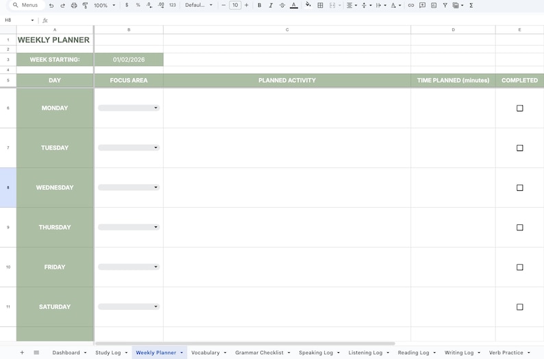 Italian Study Tracker Google Sheets | Language Learning Planner ...