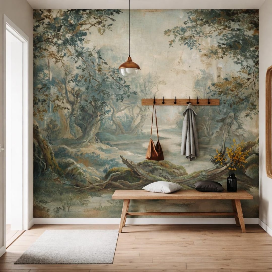 Rustic Forest Landscape Wallpaper | Antique Woodland Peel and Stick ...