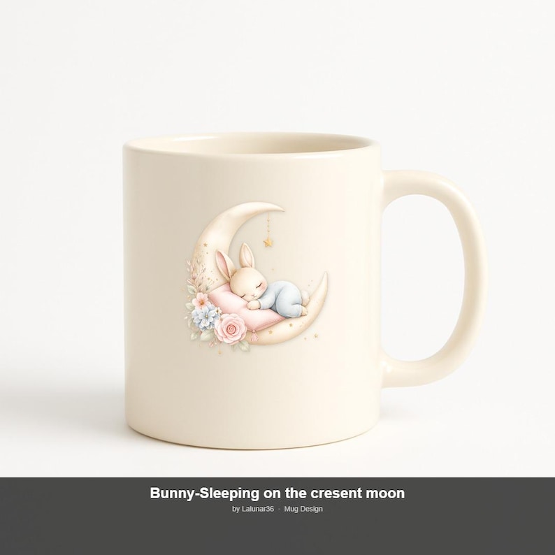 Bunny Sleeping on Crescent Moon Clipart | Kawaii Pastel Nursery Design ...