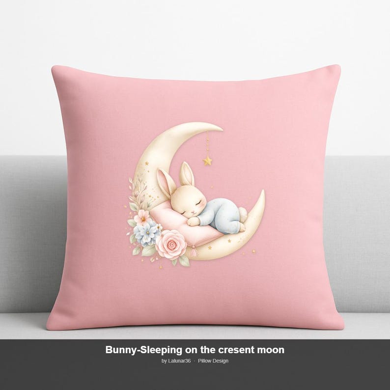 Bunny Sleeping on Crescent Moon Clipart | Kawaii Pastel Nursery Design ...