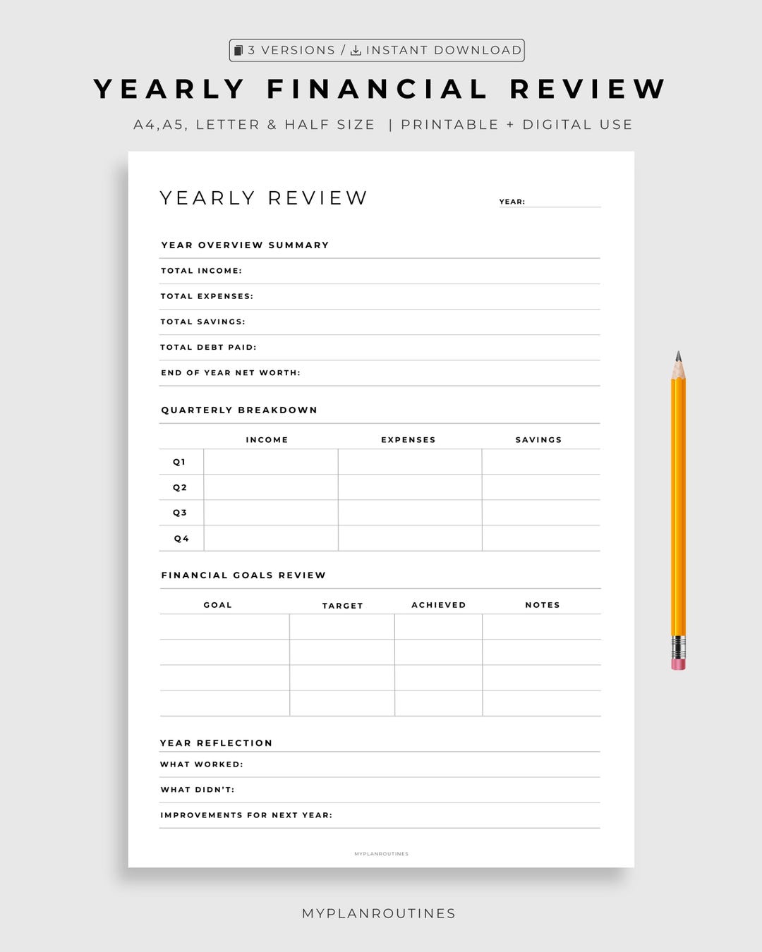 Yearly Financial Review Printable Planner, Budget Worksheet, A4 A5 ...
