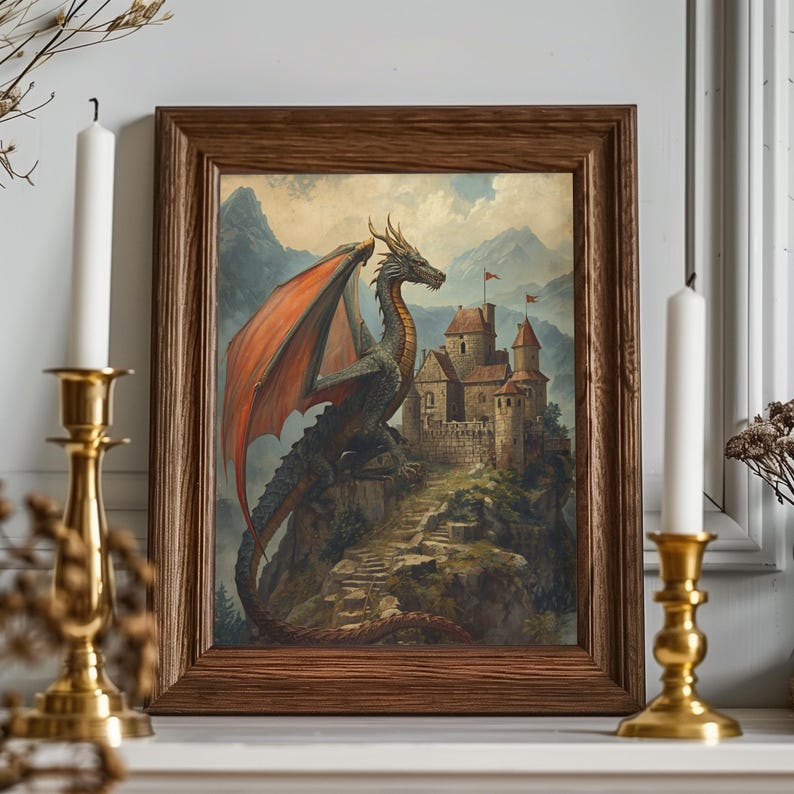 Vintage Dragon Castle Art, Fantasy Medieval Painting, Gothic Decor ...