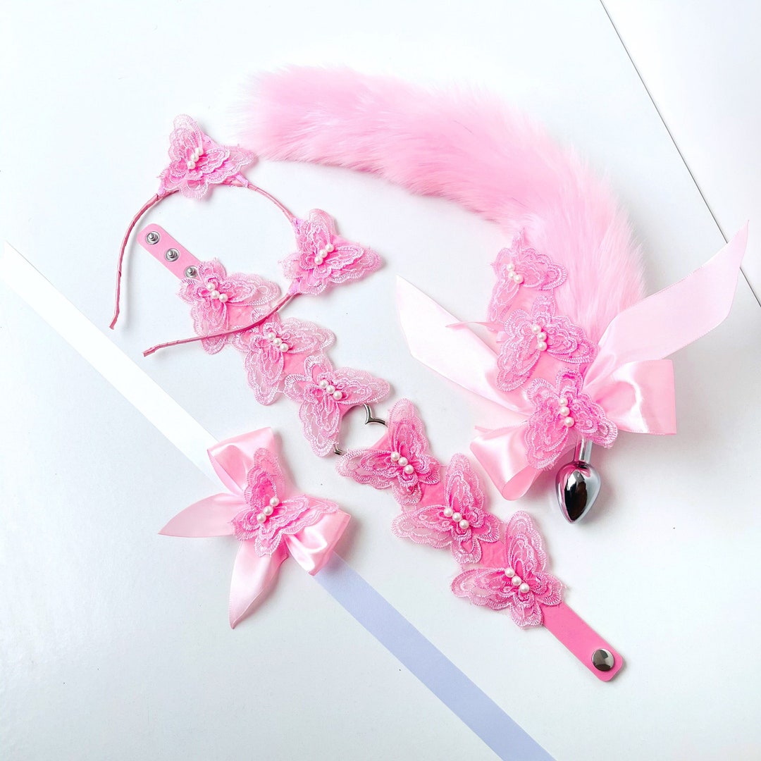 Tapón de cola rosa tapón de cola gato mascota juego set Buttplug cola ...