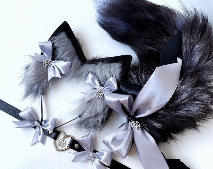 Cat Tail With Ears and Collar. Realistic Cat Ears With Collar Kawaii ...
