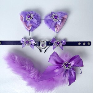 Purple Cat Tail With Ears and Collar Realistic Kitten Ears With Collar ...