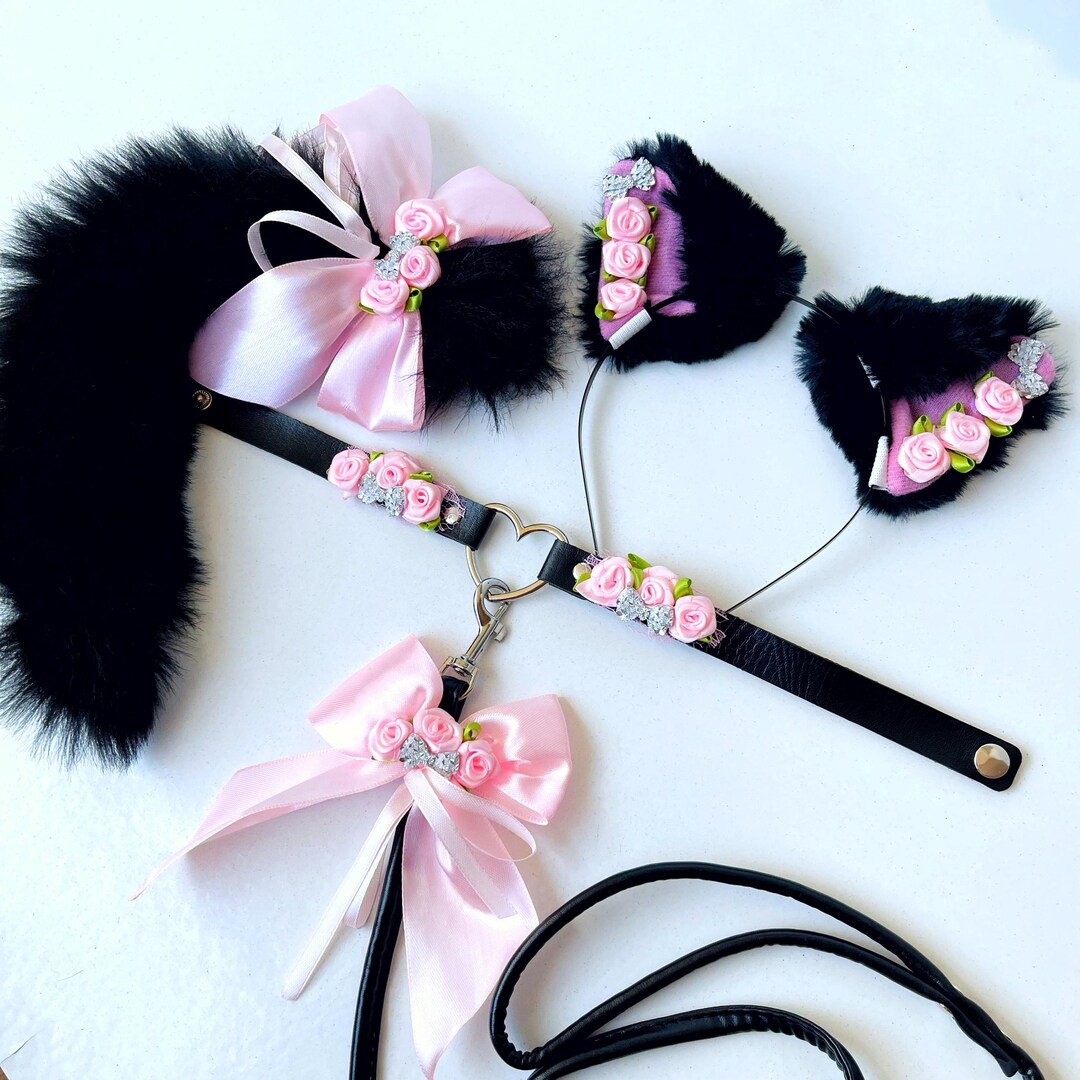 Black Cat Tail. Woman Cat Ears. Cat Tail and Ears. Kitten Collar With ...