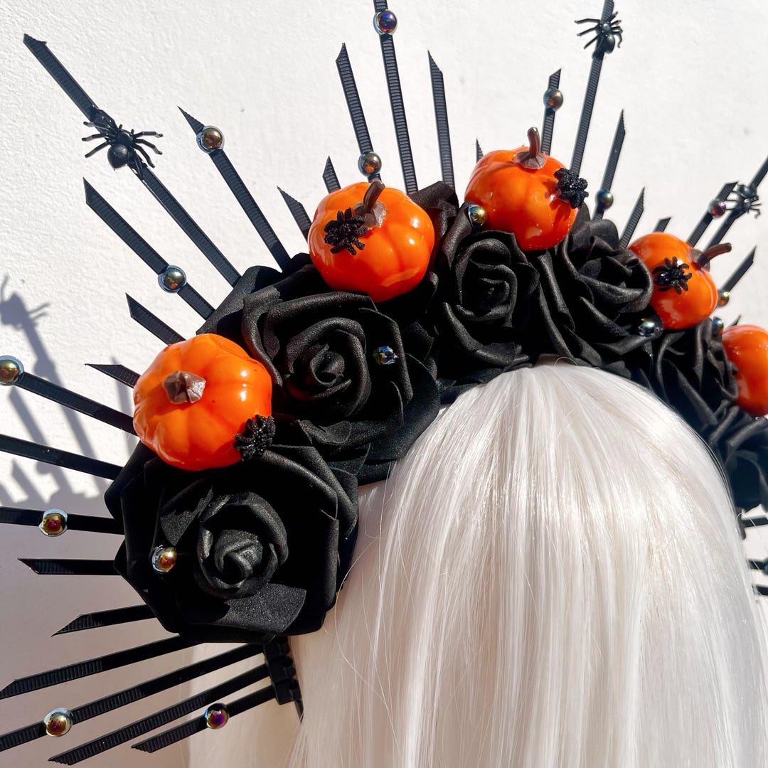 Halloween Halo Crown. Black Roses, Pumpkins, Spiders Halo Headband ...