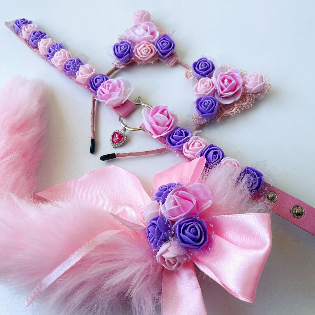 Cat Tail With Ears and Collar Pink Purple Flower Cat Ears With Collar ...