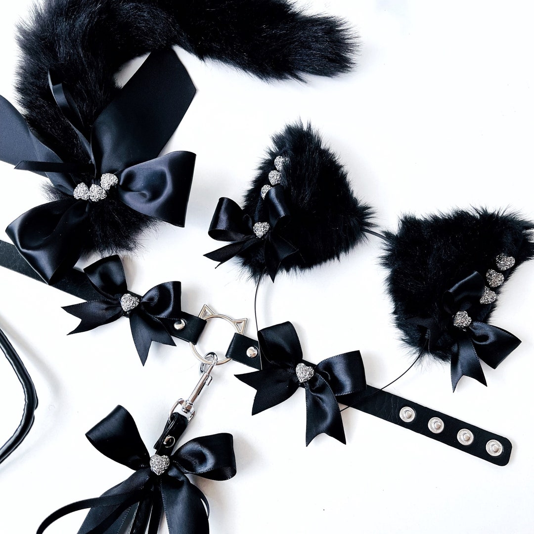 Black Cat Tail. Woman Cat Ears. Cat Tail and Ears. Kitten Collar With ...