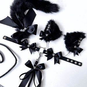 Black Cat Tail. Woman Cat Ears. Cat Tail and Ears. Kitten Collar With ...