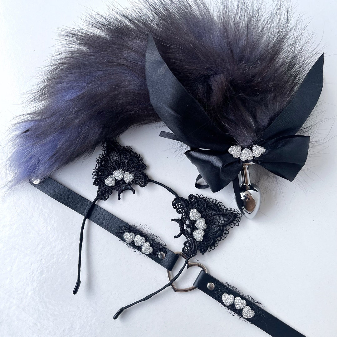 Black Tail Plug Kitten Cat Tail Plug and Ears Butt Plug Tail Pet Play ...
