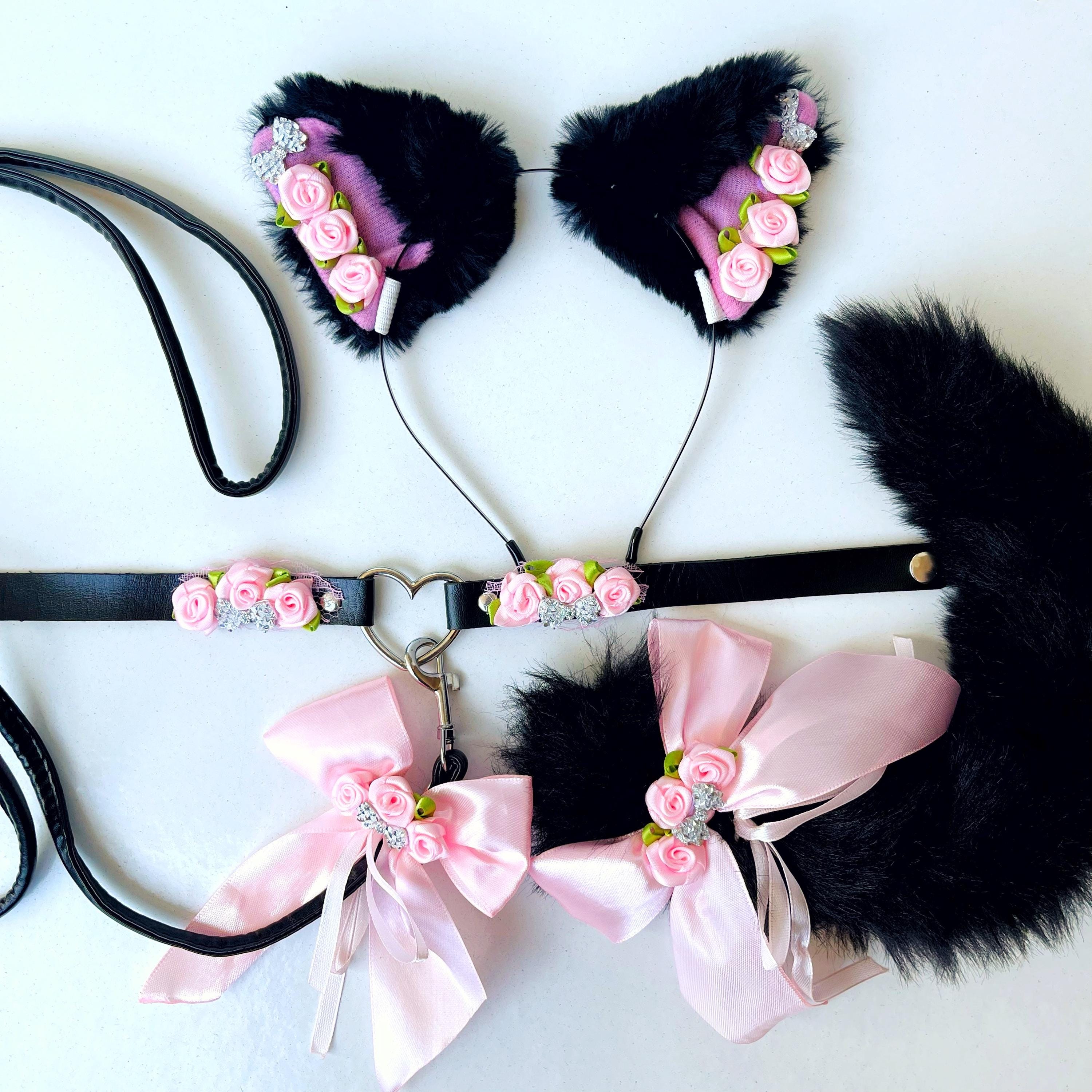 Black Cat Tail. Woman Cat Ears. Cat Tail and Ears. Kitten Collar With ...