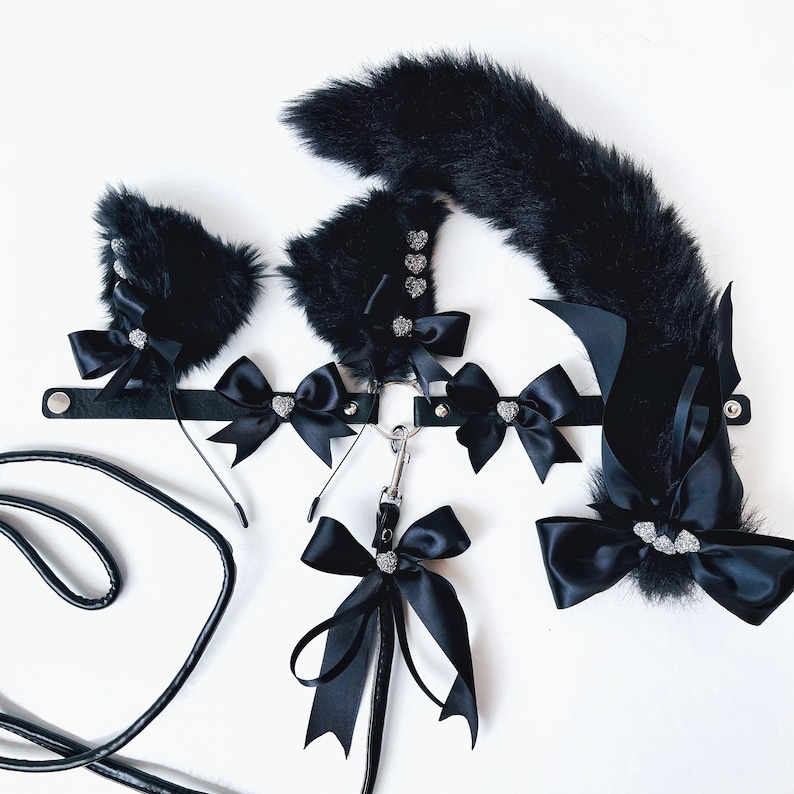 Black Cat Tail. Woman Cat Ears. Cat Tail and Ears. Kitten Collar With ...