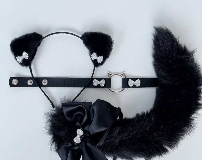 Black Cat Tail. Woman Cat Ears. Cat Tail and Ears. Kitten Collar and ...
