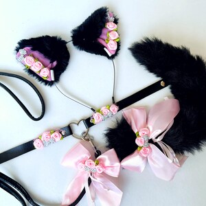 Black Cat Tail. Woman Cat Ears. Cat Tail and Ears. Kitten Collar With ...