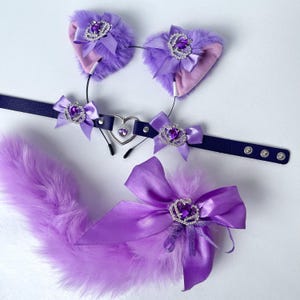 Purple Cat Tail With Ears and Collar Realistic Kitten Ears With Collar ...