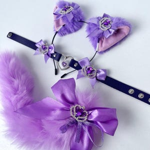 Purple Cat Tail With Ears and Collar Realistic Kitten Ears With Collar ...