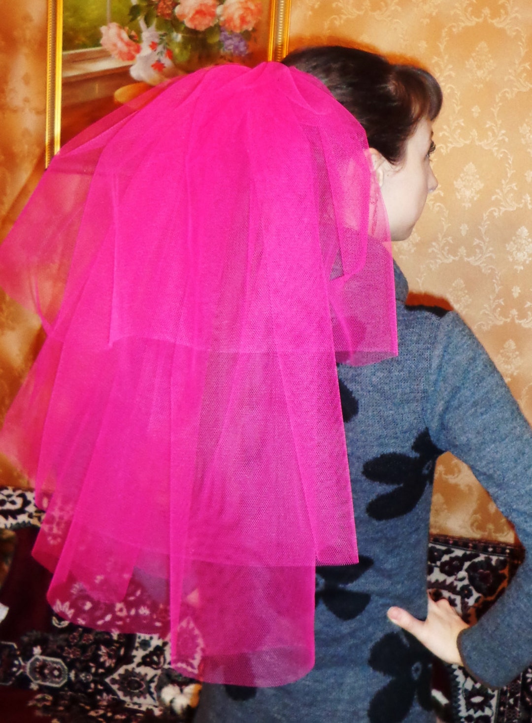 Bachelorette Party 3-tier Veil Hot Pink , Long Length. Bride Veil ...