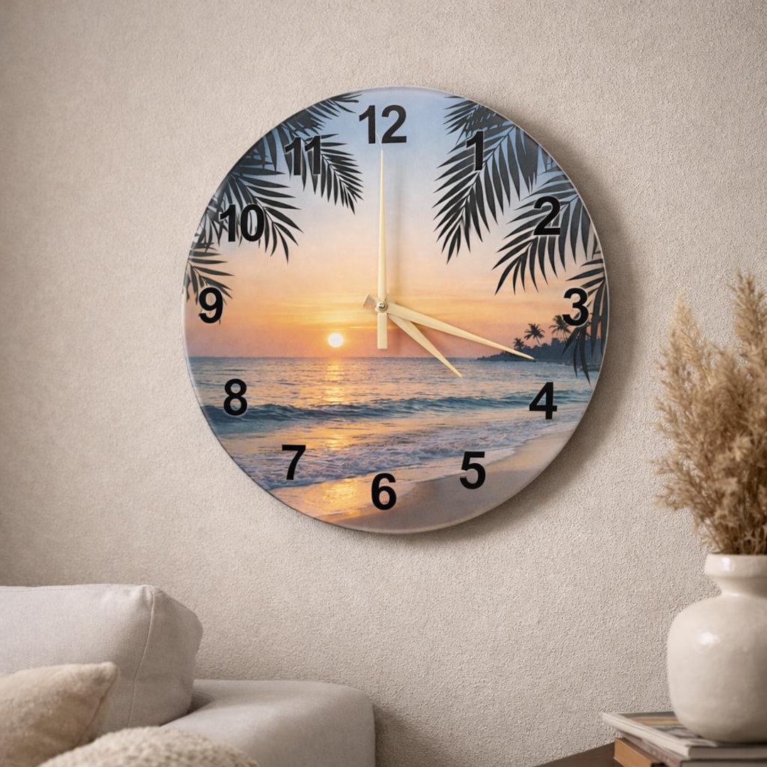 Tropical Palm Wall Clock: Coastal Beach Decor (round Frameless Glass ...
