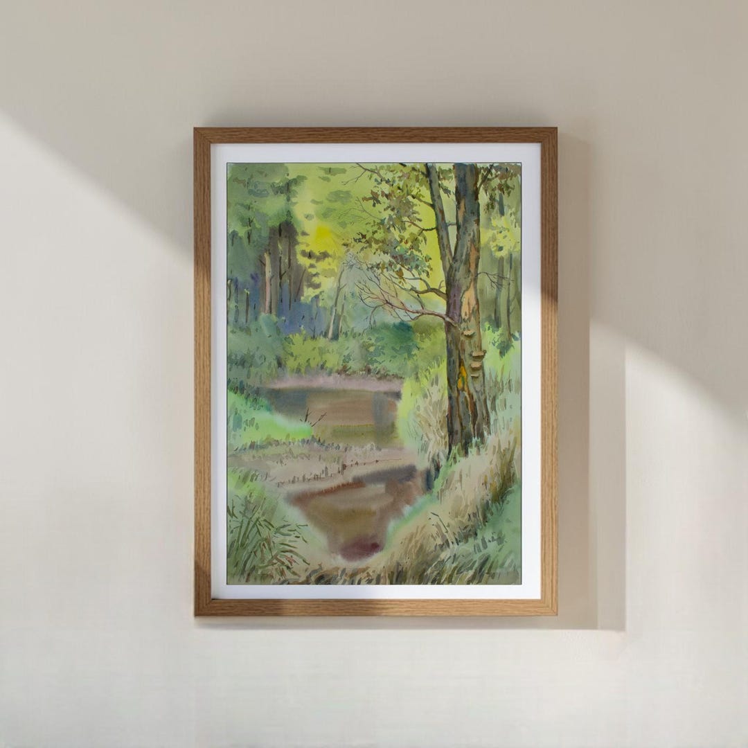 Original Watercolor Painting Old Riverbed Landscape, Forest Water Scene ...