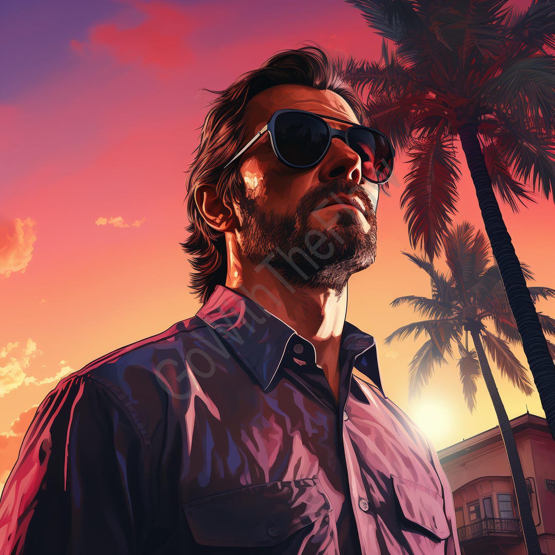 Miami Vice Style Sunset Art Print, Retro 80s Palm Tree Wall Art ...