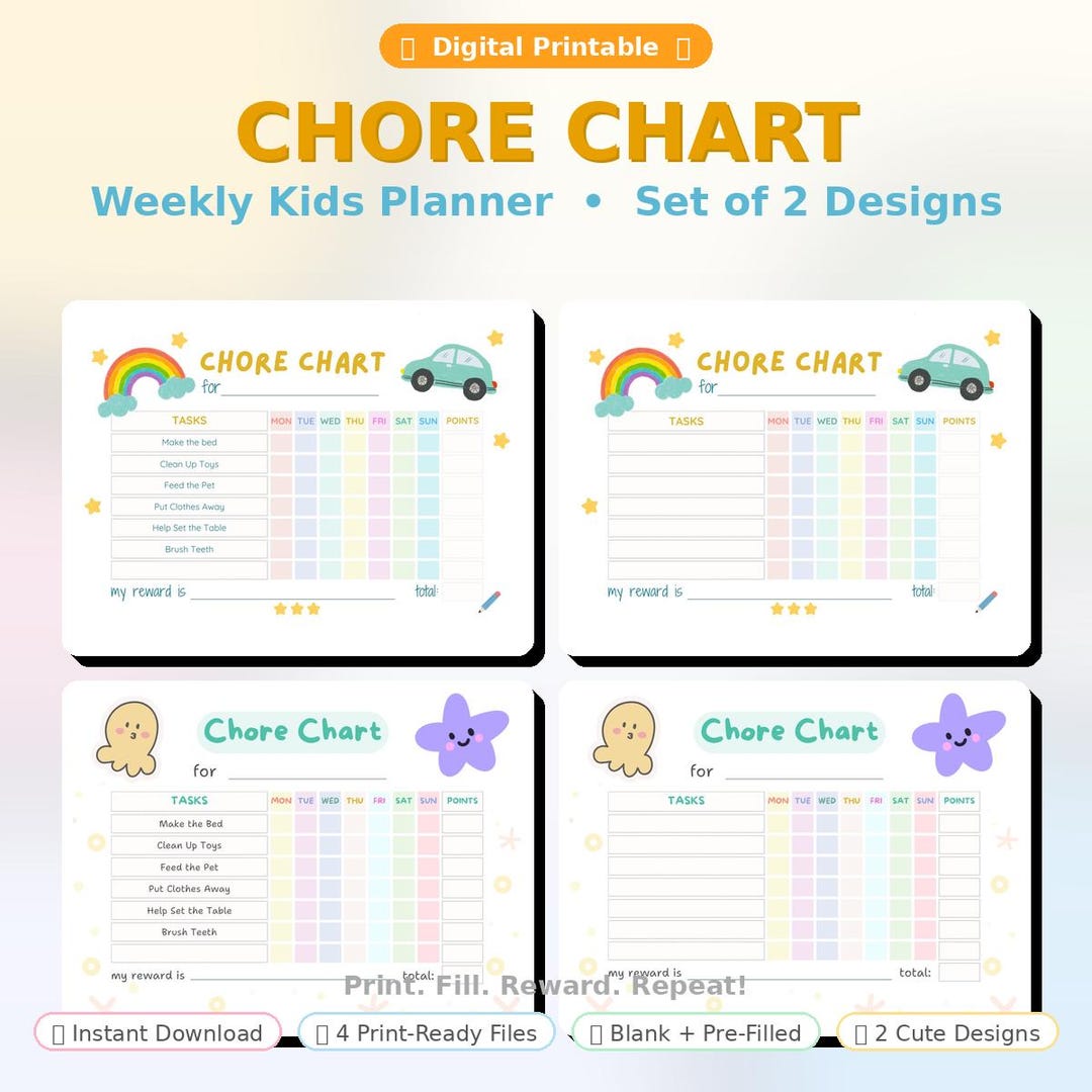 Weekly Kids Chore Chart Printable Set of 2, Editable Reward Tracker ...