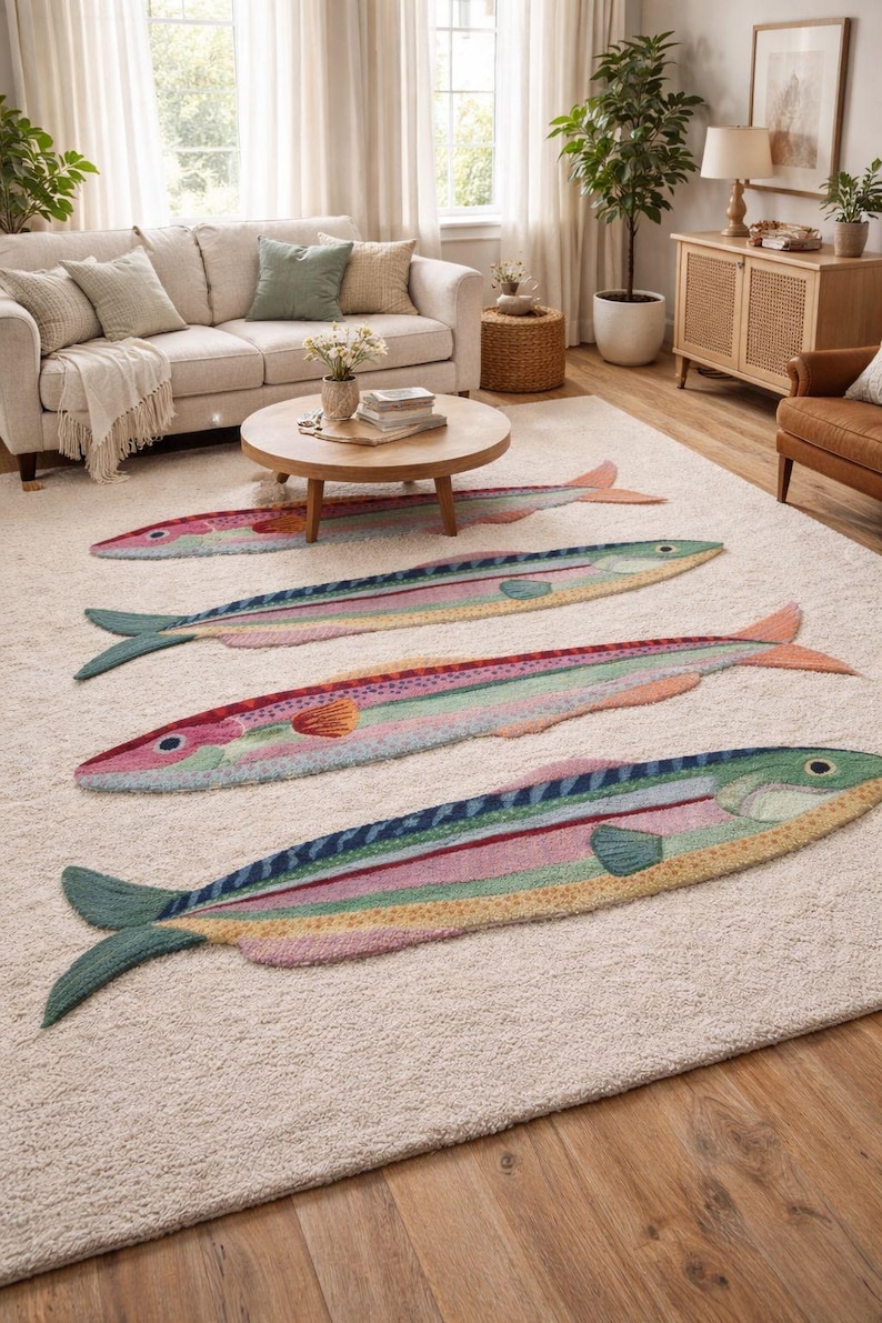 Colorful Fish Area Rug Coastal Ocean Marine Life Carpet Beach House ...