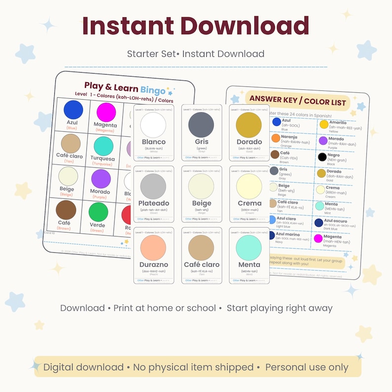 Spanish Colors Bingo Game Printable PDF | Starter Set Boards 1–6 ...