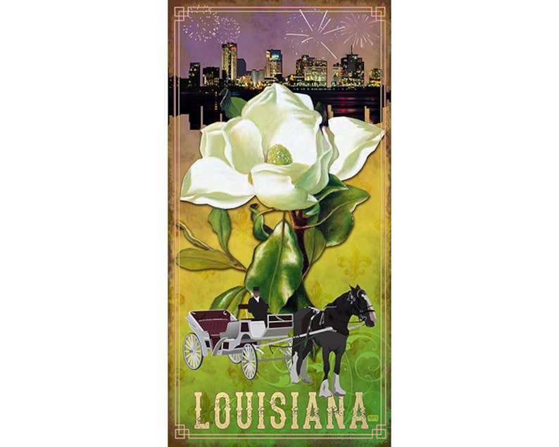 Louisiana Poster, Magnolia, Mardi Gras, New Orleans, Horse and Carriage ...