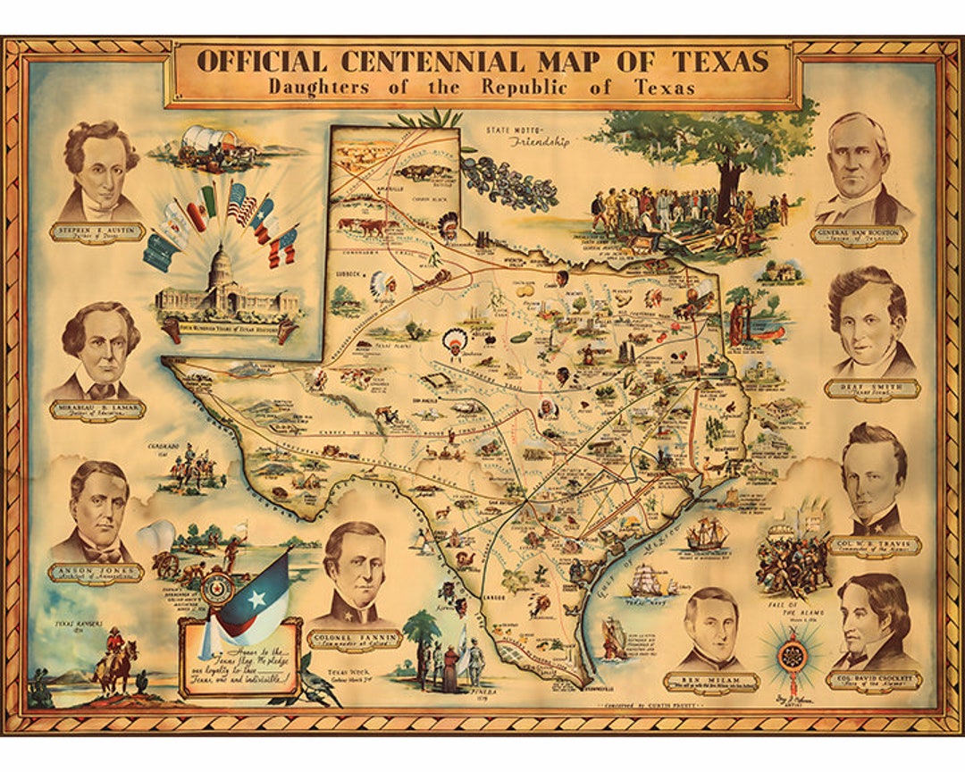 Texas Centennial Map With Historic Figures - Etsy