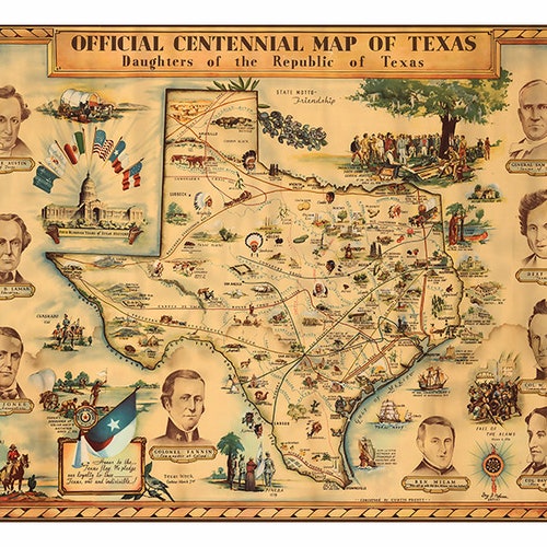 Texas Centennial Map With Historic Figures - Etsy