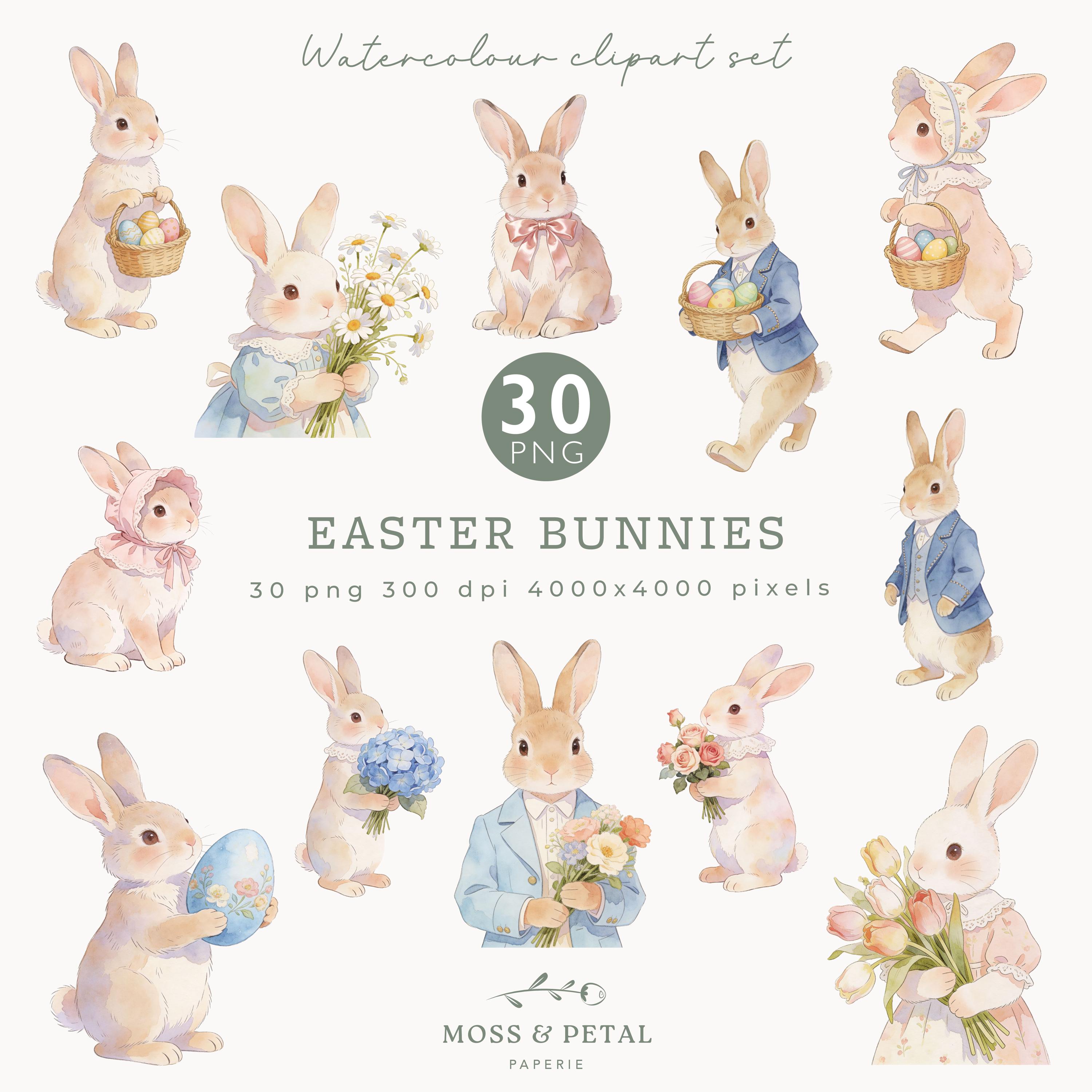 30 Easter Bunny Clipart PNG Bundle, Watercolour Rabbits, Spring Bunny ...