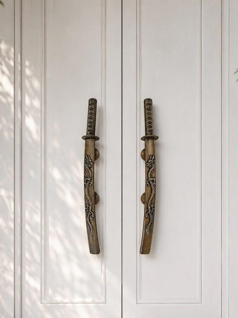 Dragon Samurai Sword Door Pull Handle Set, Antique Brass Japanese ...