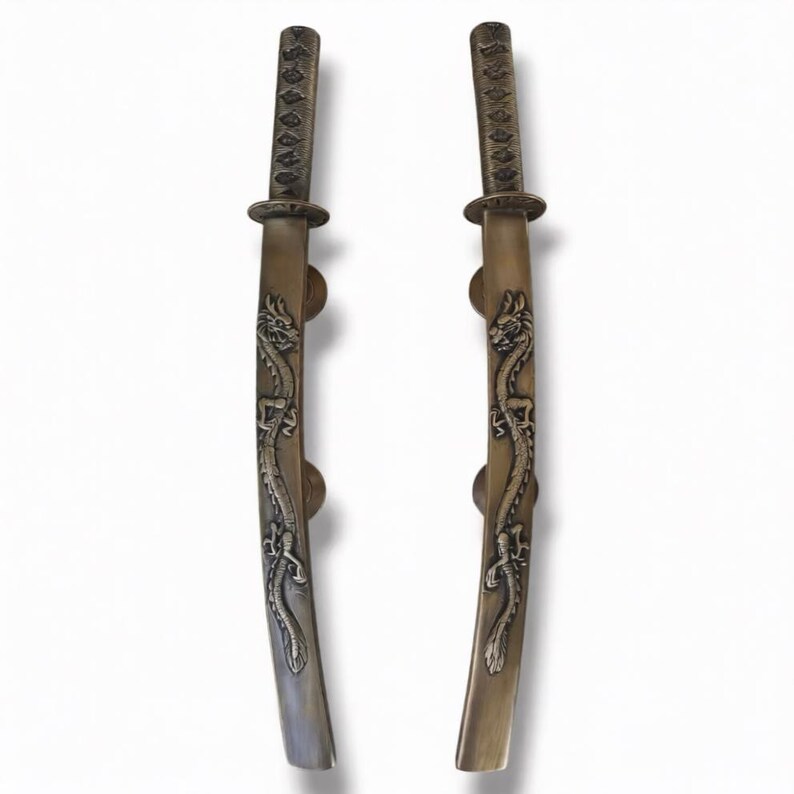 Dragon Samurai Sword Door Pull Handle Set, Antique Brass Japanese ...