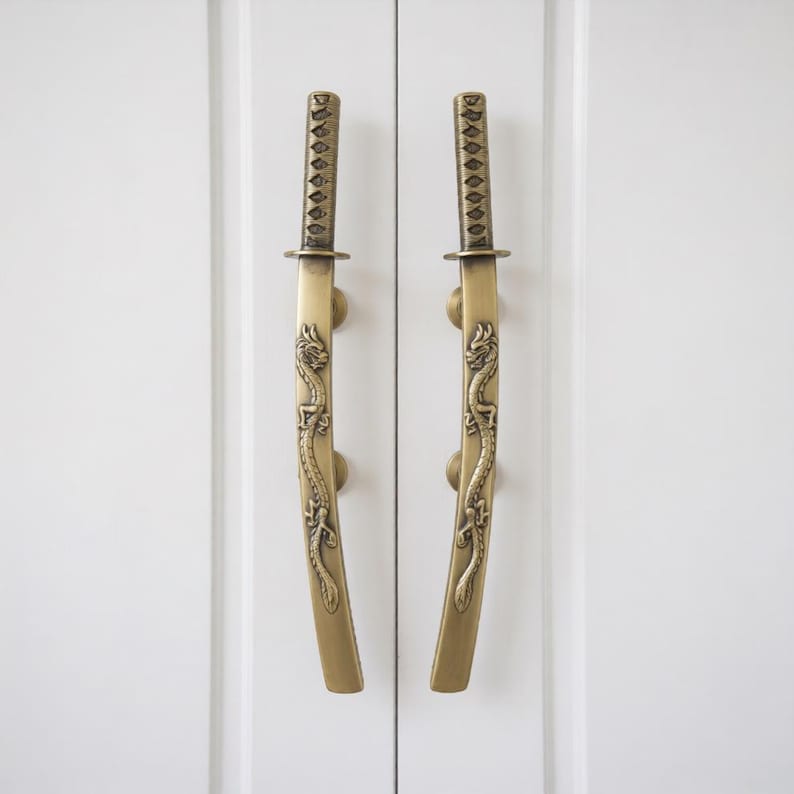 Dragon Samurai Sword Door Pull Handle Set, Antique Brass Japanese ...