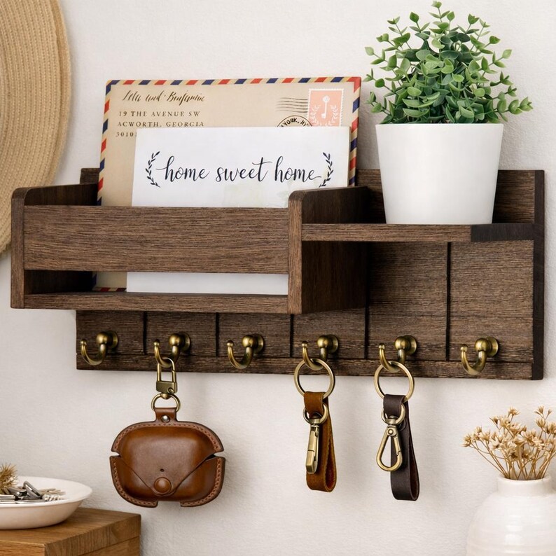 Rustic Wood Key Holder With Shelf – Wall Mounted Mail & Key Rack - Etsy