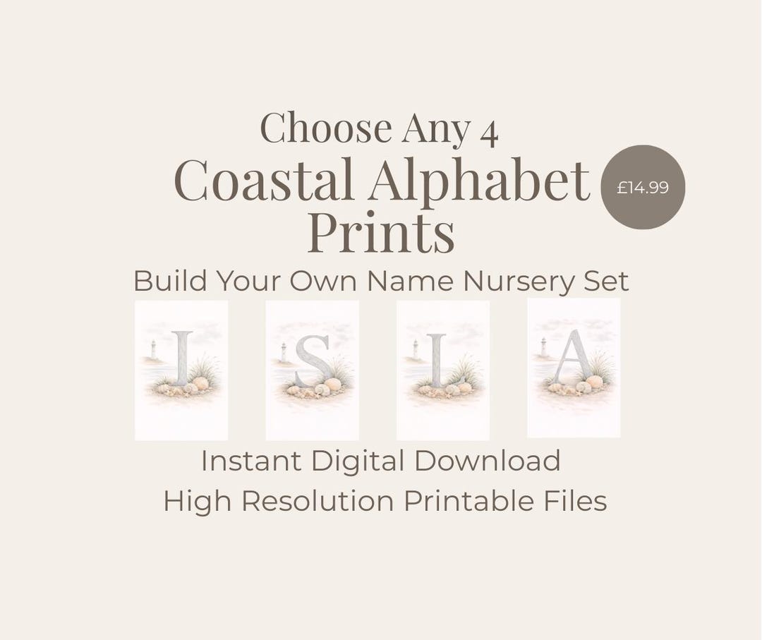Coastal Alphabet Nursery Prints – Choose Any 4 Letters – Baby Name Wall ...
