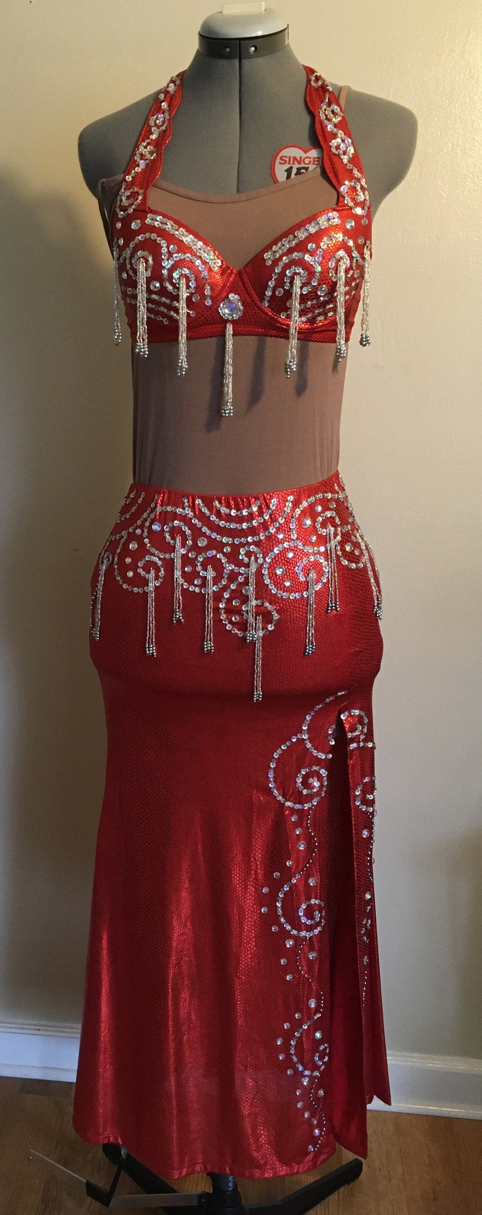 Red Cabaret Belly Dance Costume With Sequins and Beaded Fringe ...