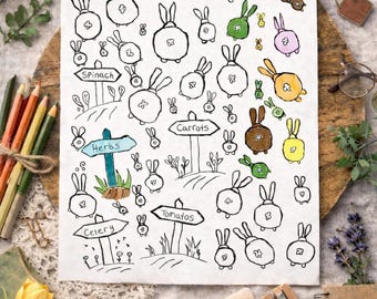 Garden Bunny Coloring Page | Whimsical Hand-drawn Illustration (digital ...