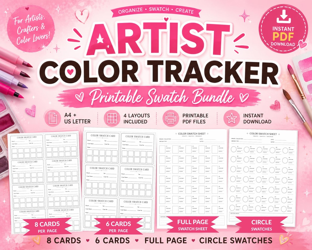 Artist Color Tracker Swatch Cards Bundle, Marker Paint Chart (A4 US ...