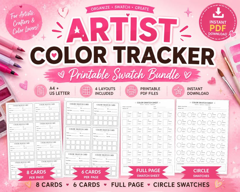 Artist Color Tracker Swatch Cards Bundle, Marker Paint Chart (A4 US ...