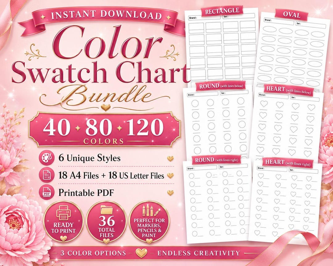 Color Swatch Chart Bundle, 6 Styles, 40-120 Colors, Marker Swatch PDF ...