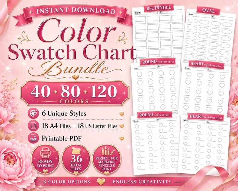 Color Swatch Chart Bundle, 6 Styles, 40-120 Colors, Marker Swatch PDF ...