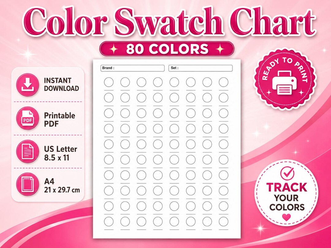 Color Swatch Chart Printable PDF, 80 Color Tracker Template (instant ...